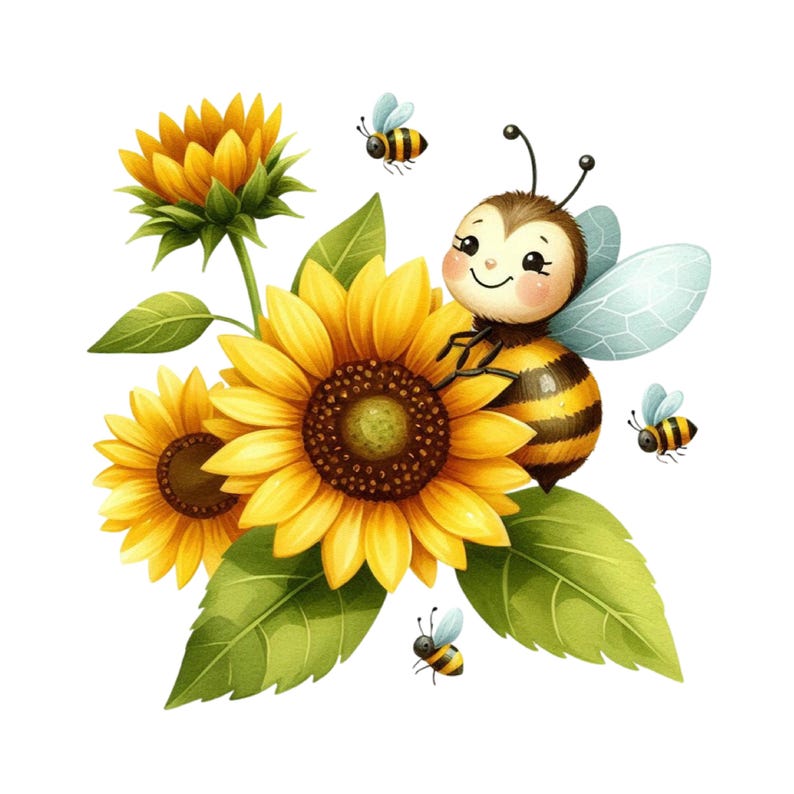 Watercolor Bee Buzzing Sunflower Clipart: Cute Floral PNG Images ...