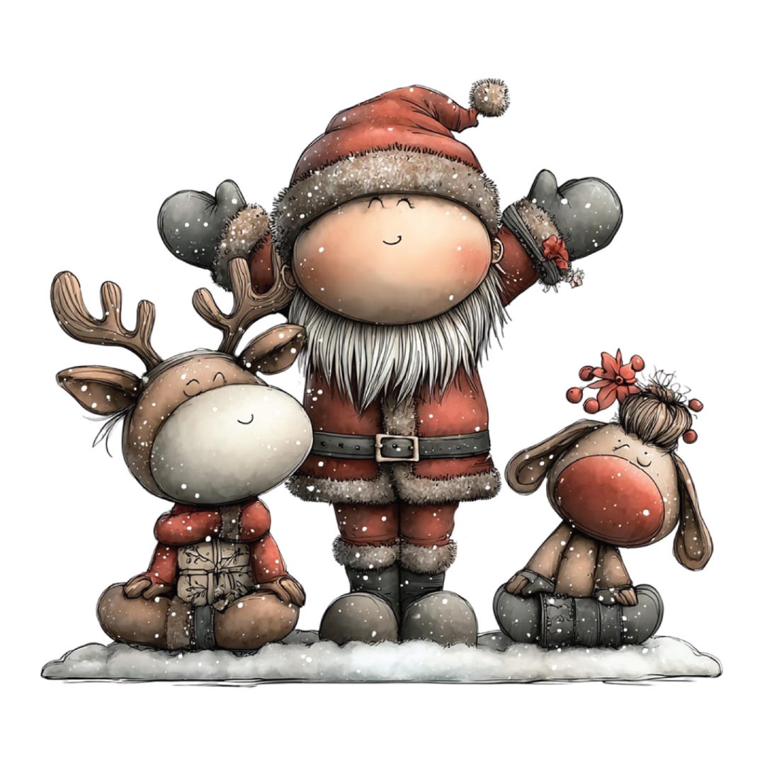 Whimsical Santa & Reindeer Clipart: Cute Christmas PNG Images (digital ...