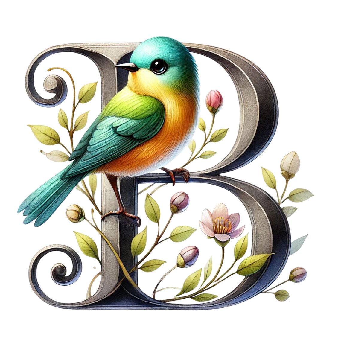 Watercolor Spring Birds Alphabet Clipart – Floral Letter PNG Set ...