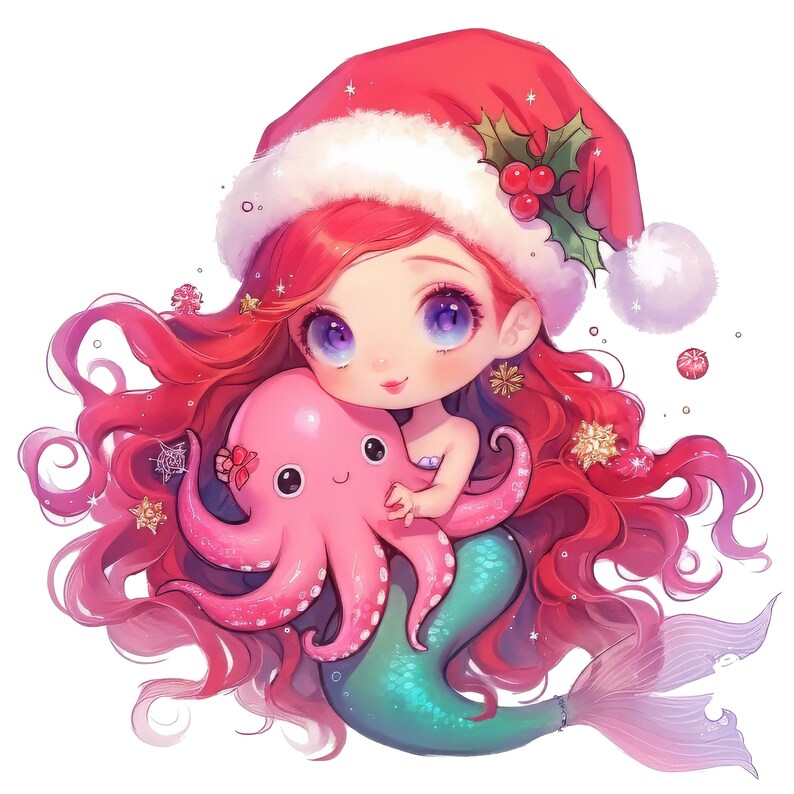 Adorable Mermaid Christmas Clipart Bundle: Cute Holiday PNG Images ...