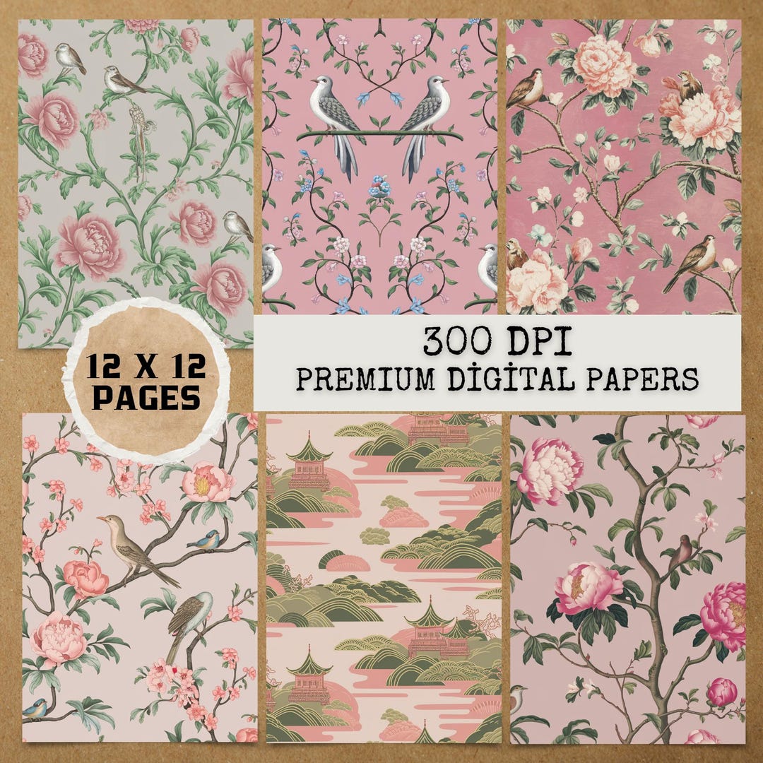 Pink Chinoiserie Seamless Pattern Pack: 12"x12" Jpgs (commercial Use ...