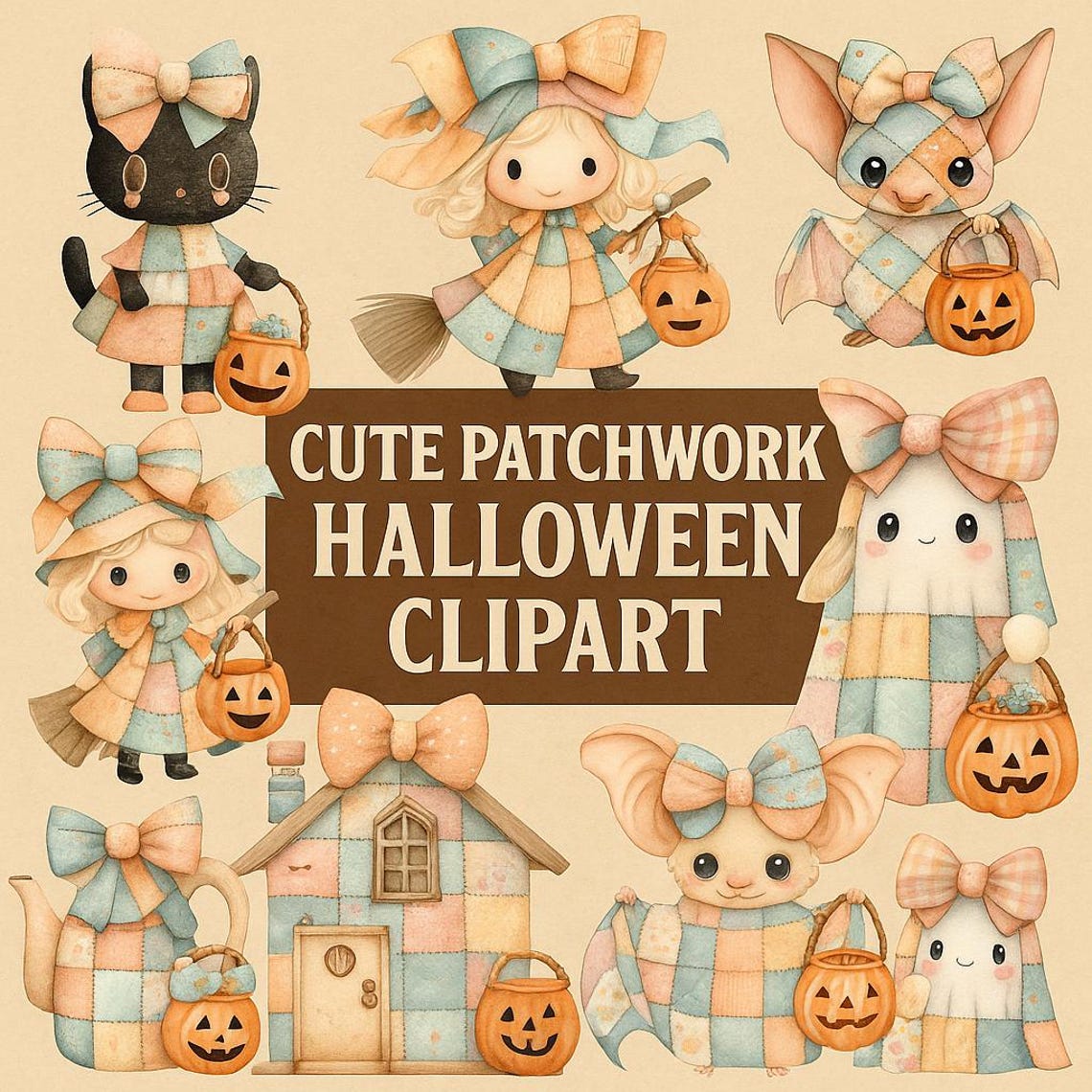 47 Png Cute Patchwork Halloween Clipart, Pumpkin, Ghost, Witch Hat, Bat ...