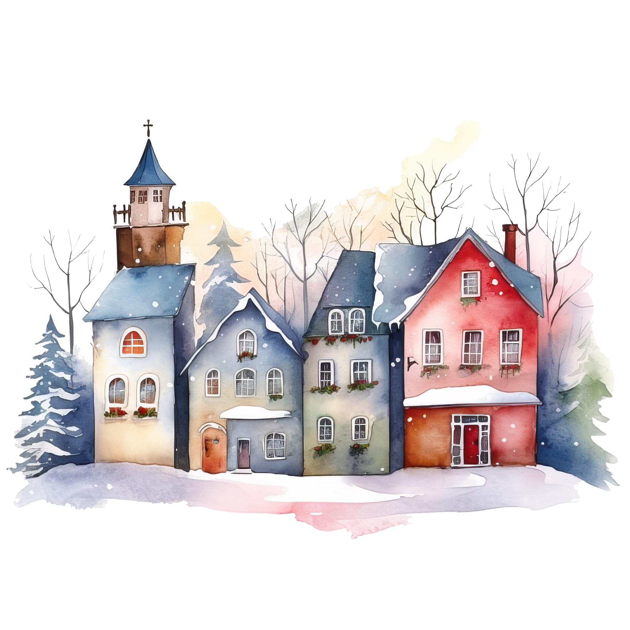 Watercolor Christmas House Clipart Bundle: Cozy Holiday PNG Images ...