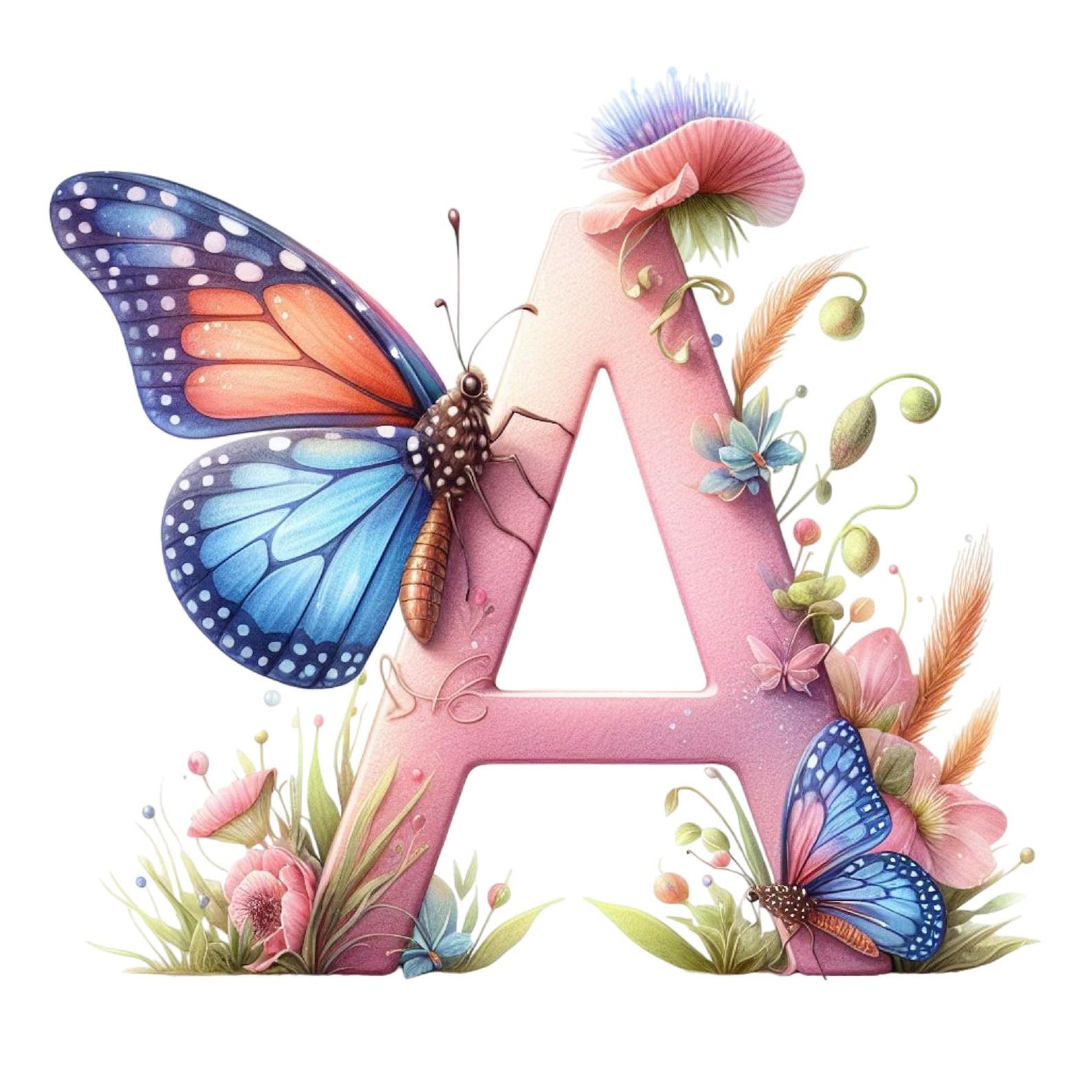 Watercolor Butterfly Alphabet and Numbers Clipart – Floral Letter PNG ...