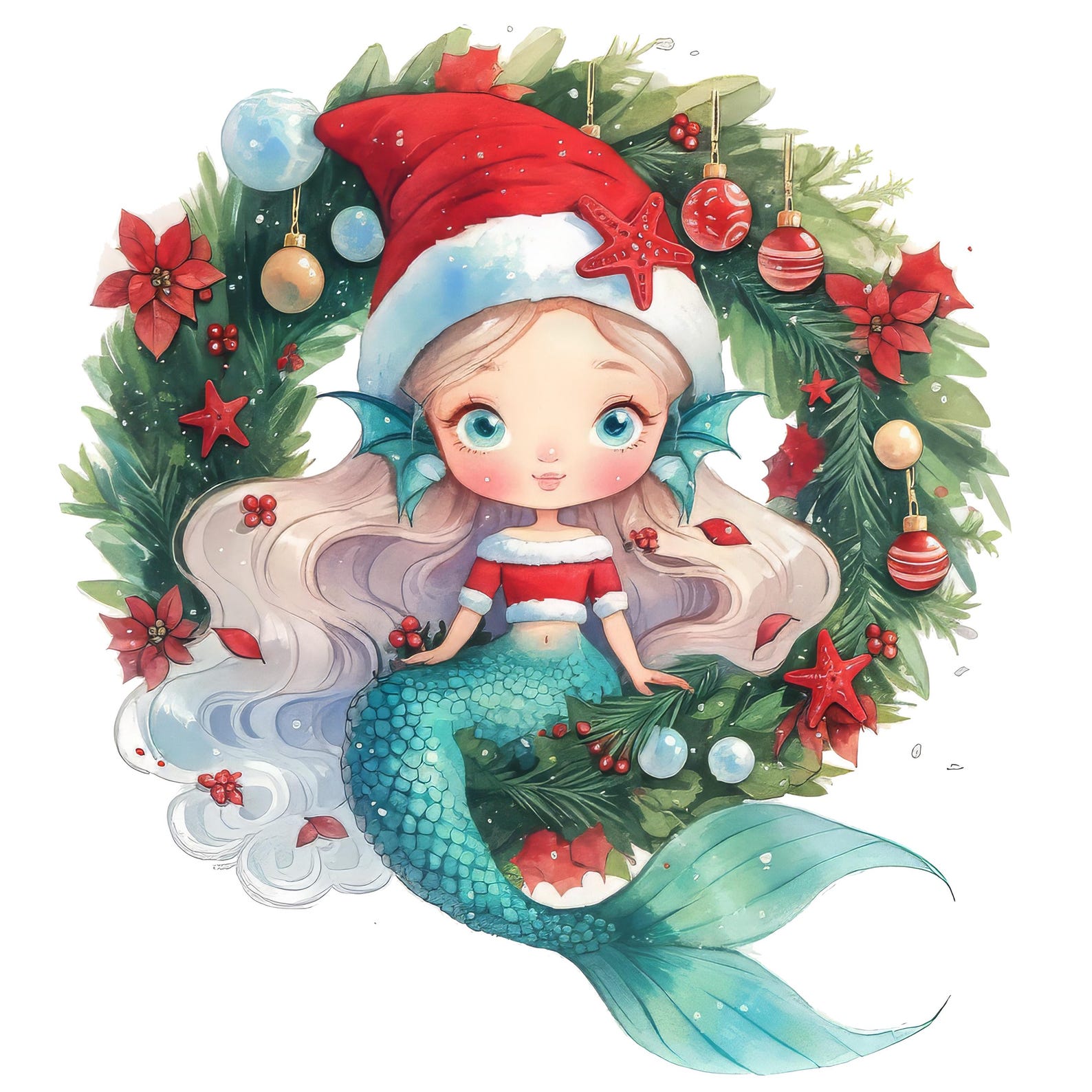 Adorable Mermaid Christmas Clipart Bundle: Cute Holiday PNG Images ...