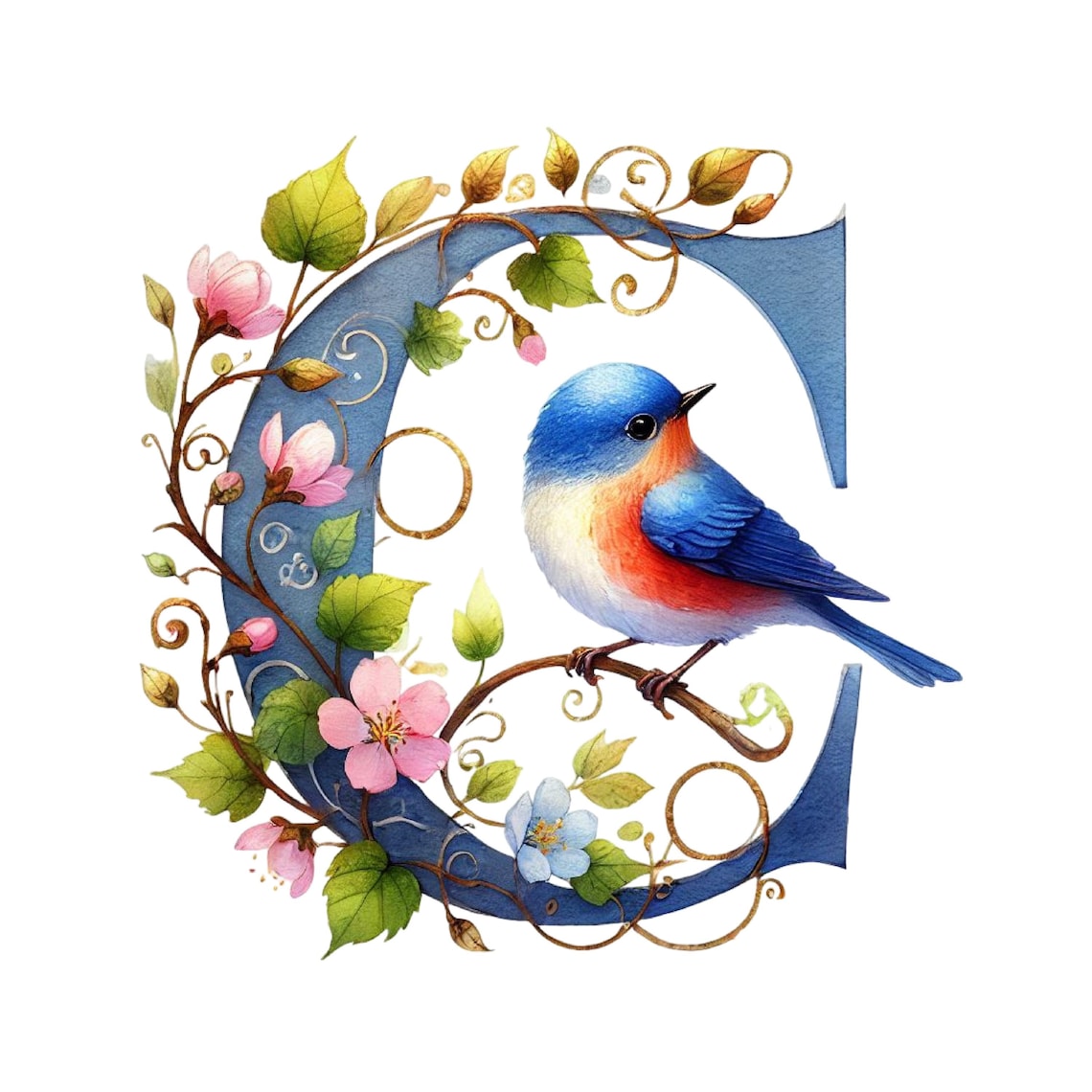 Watercolor Spring Birds Alphabet Clipart – Floral Letter PNG Set ...