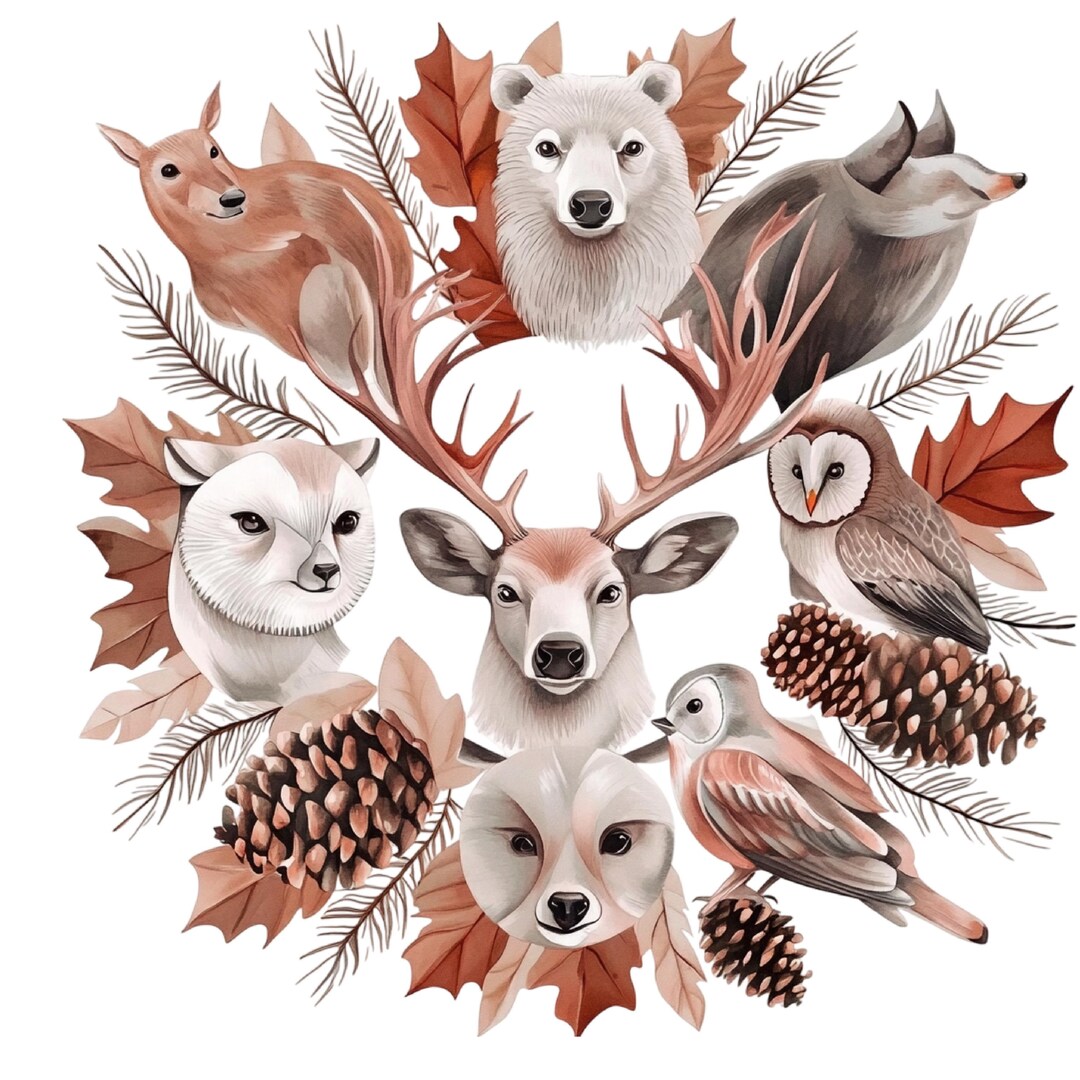 Winter Christmas Animals Clipart: Birds & Leaves PNG Set for Cards ...