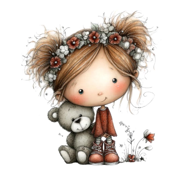 Flowers and Girls Clipart: Whimsical Watercolor PNG Bundle (digital ...
