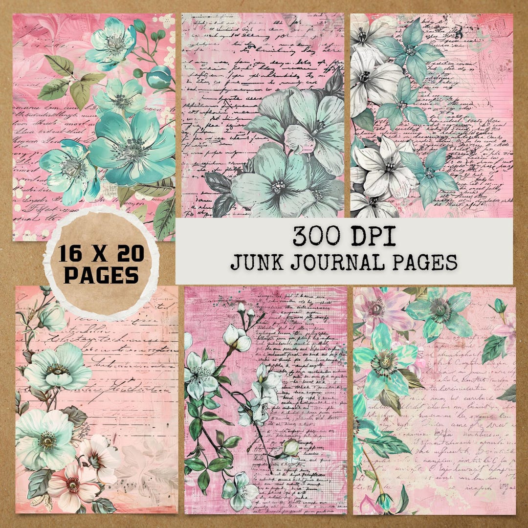 Vintage Pink & Mint Floral Journal Pages: Shabby Chic Junk Journal ...