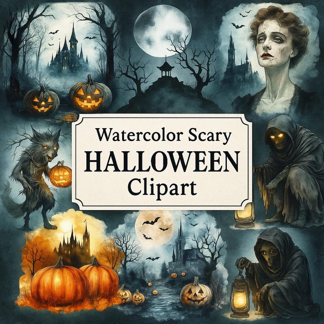 Watercolor Halloween Clipart Bundle: Spooky Gothic PNG Images (digital ...
