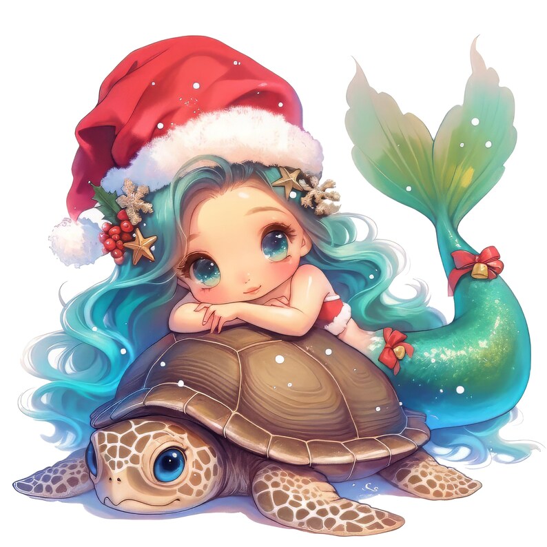 Adorable Mermaid Christmas Clipart Bundle: Cute Holiday PNG Images ...