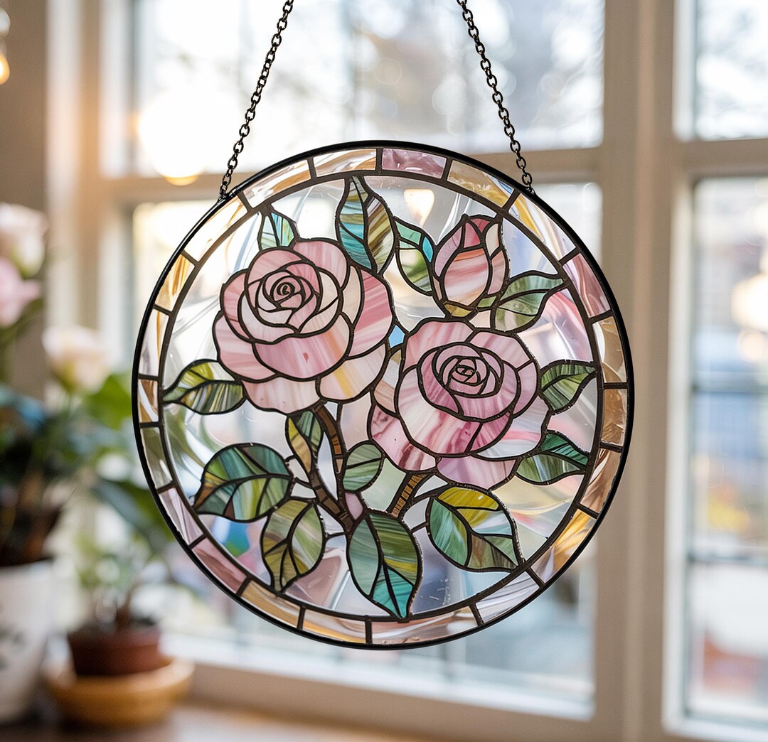 Pink Rose Stained Glass Suncatcher – Vintage Floral Window Hanging ...