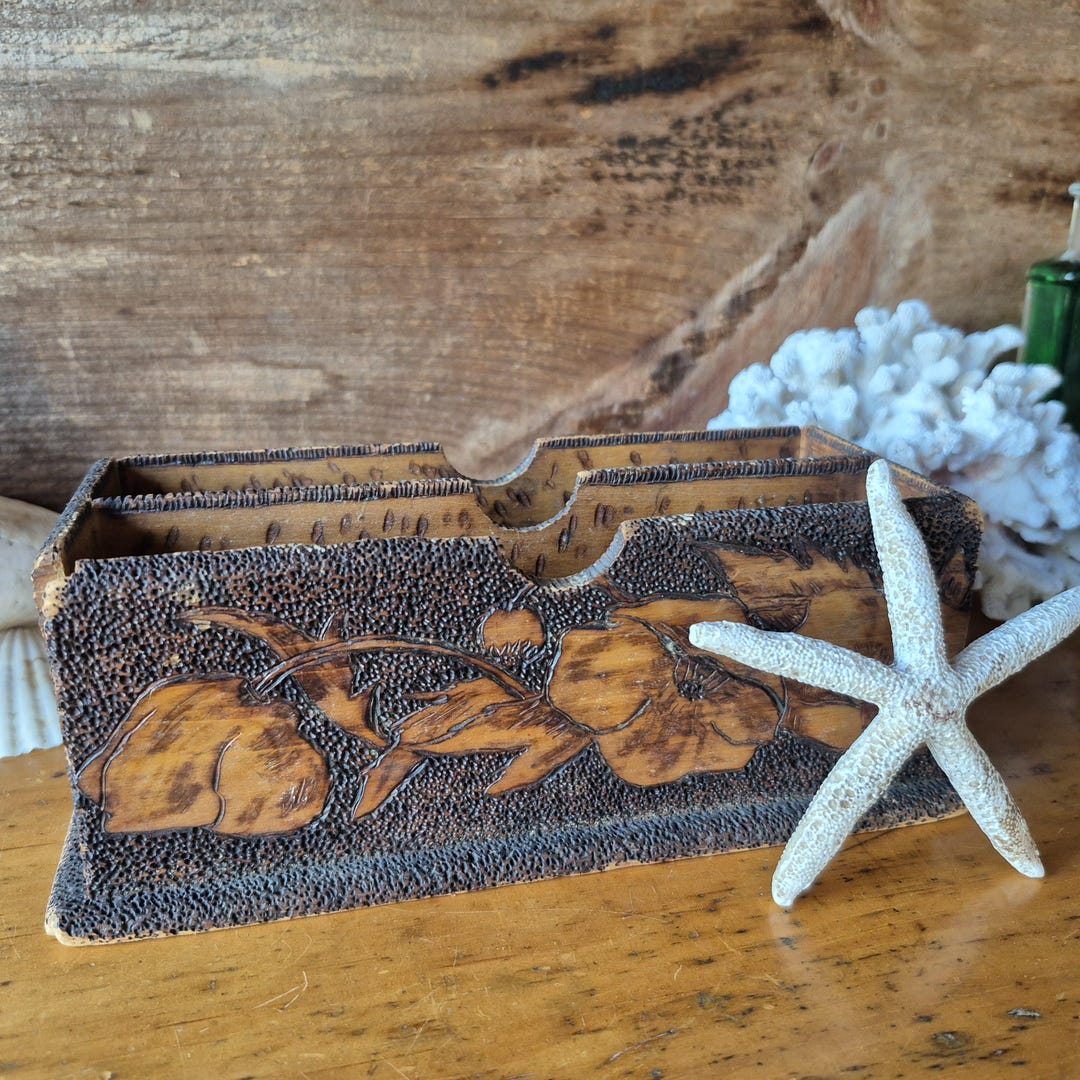 Vintage Pyrography Floral Design Letter Holder Burnt Wood Design FOLK ...