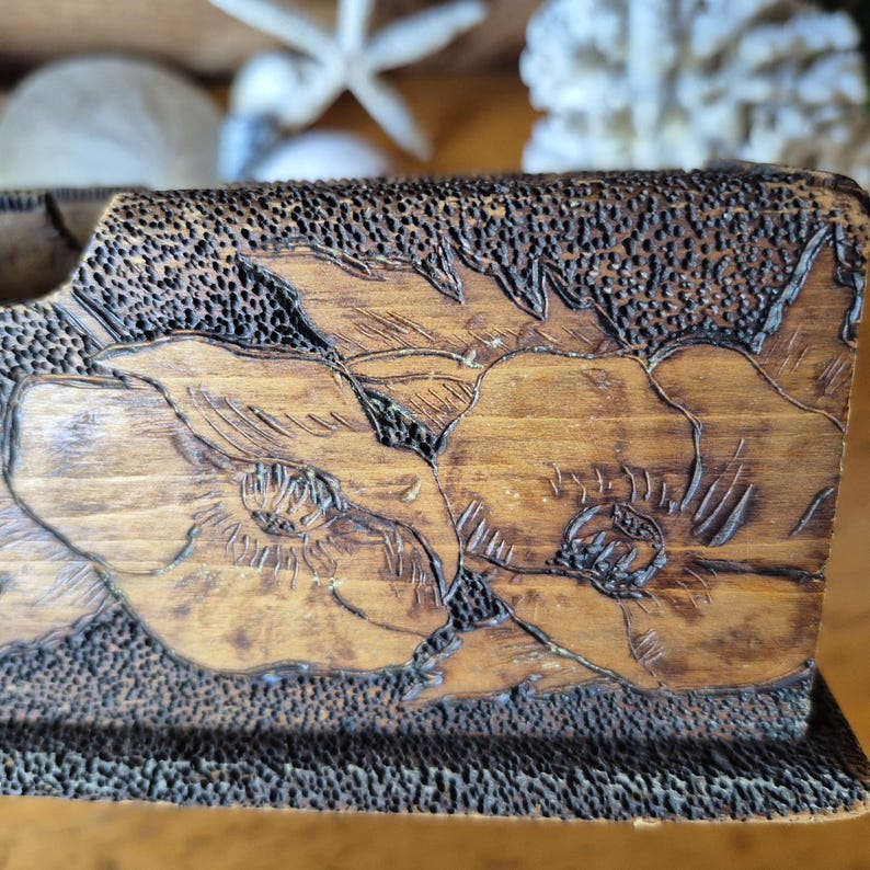Vintage Pyrography Floral Design Letter Holder Burnt Wood Design FOLK ...
