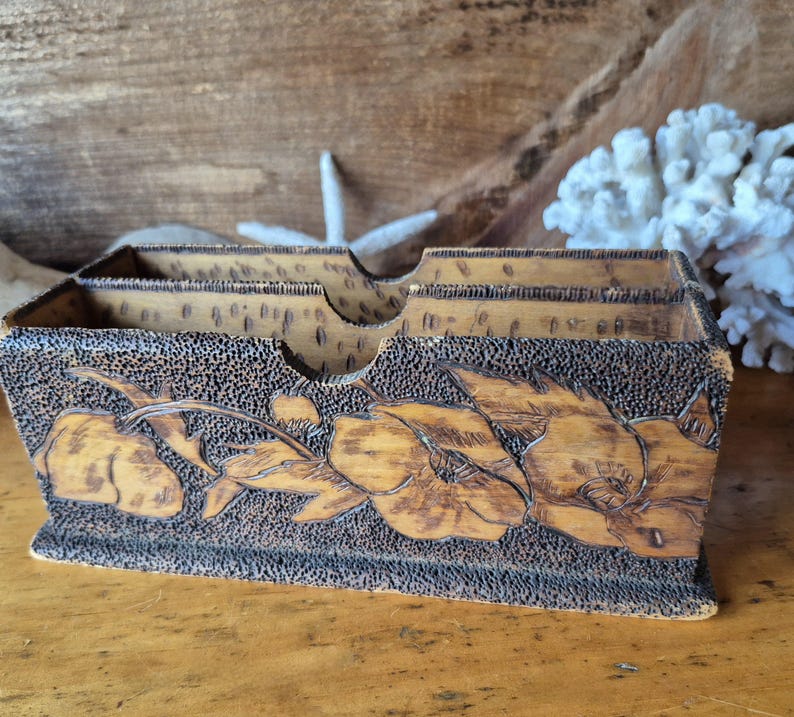 Vintage Pyrography Floral Design Letter Holder Burnt Wood Design FOLK ...