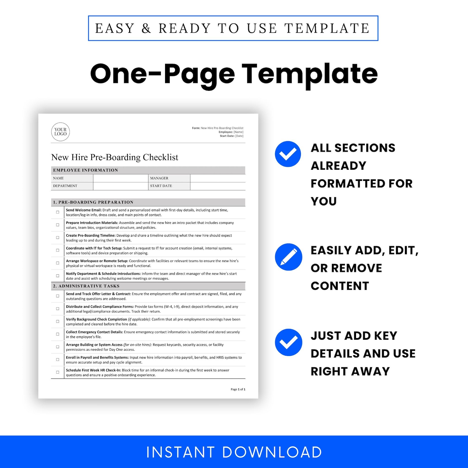 New Hire Pre-boarding Checklist (MS Word, PDF) | Simple HR Template ...