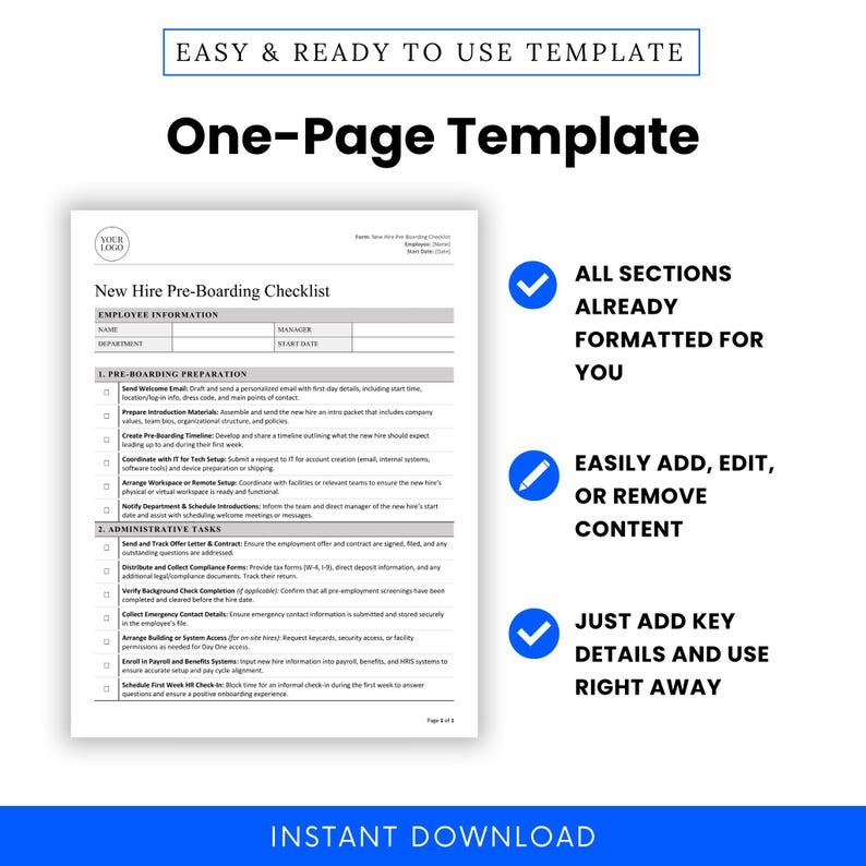 New Hire Pre-boarding Checklist (MS Word, PDF) | Simple HR Template ...