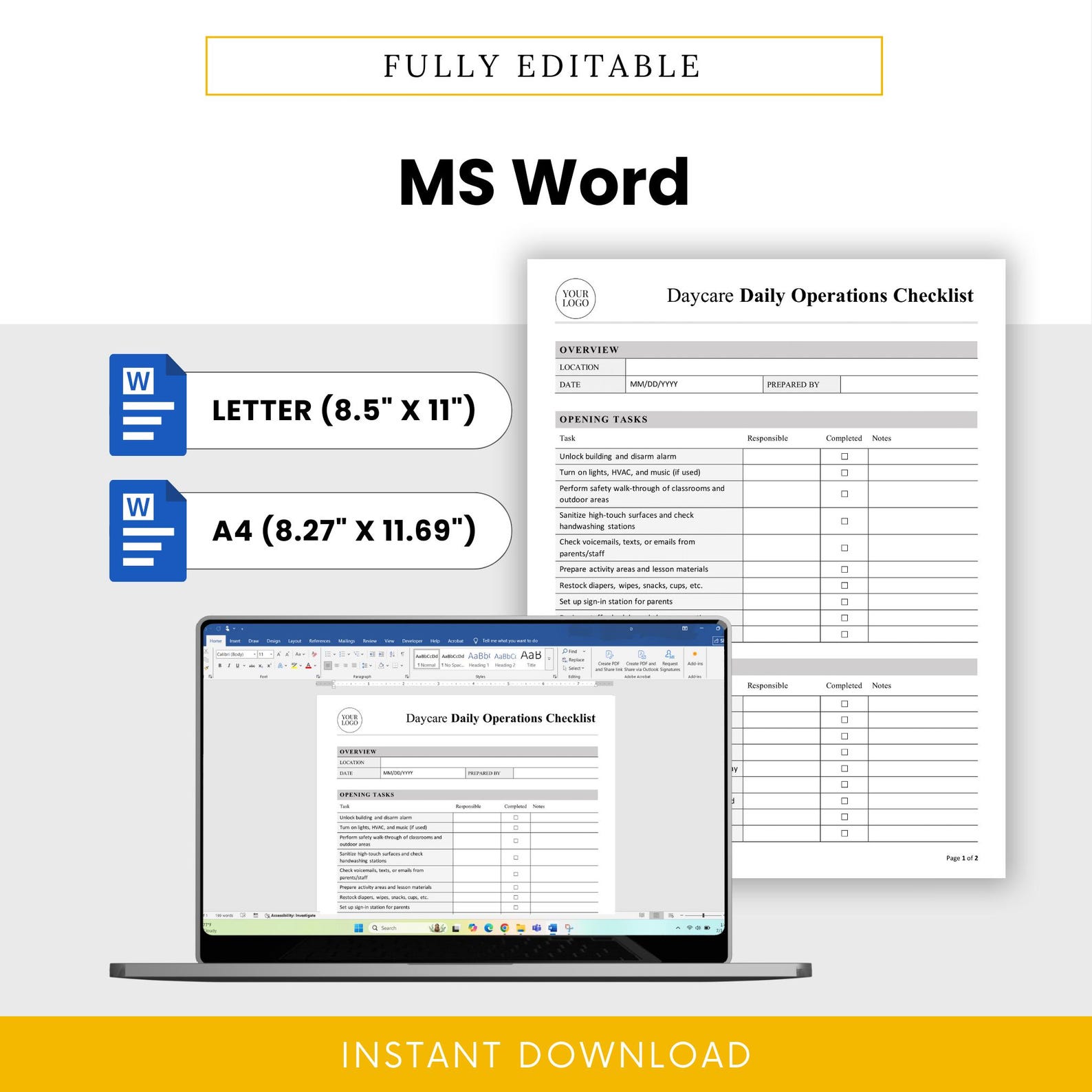 Daycare Daily Operations Checklist Template – Word & PDF, A4 + US ...