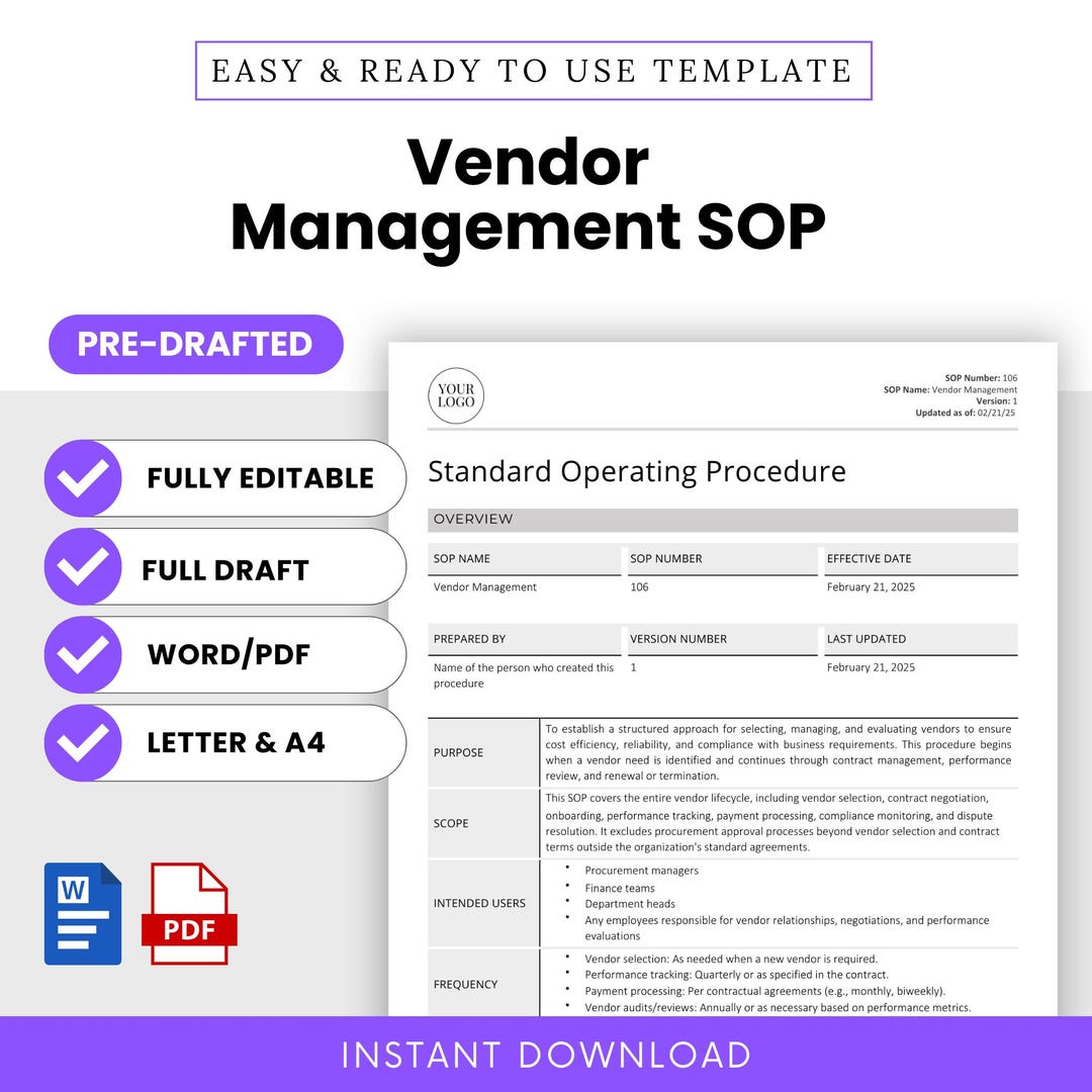 Vendor Management SOP Template (word, PDF) | Simple Standard Operating ...