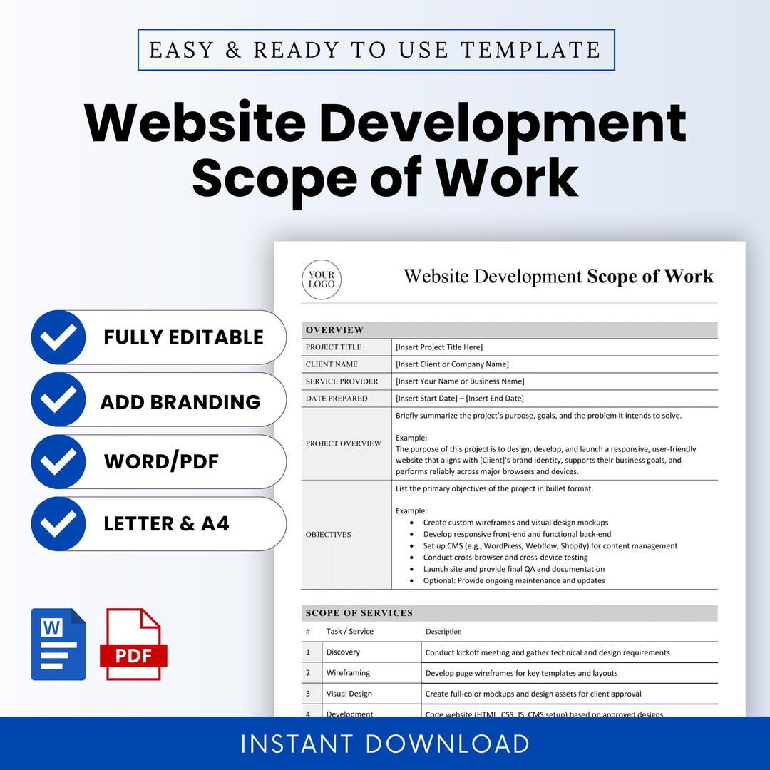 Website Development Scope of Work Template – Word & PDF, A4 + US Letter ...