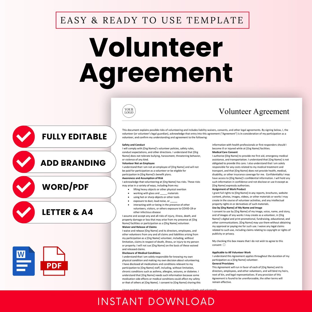 Volunteer Agreement Template – Word & PDF, A4 + US Letter - Etsy