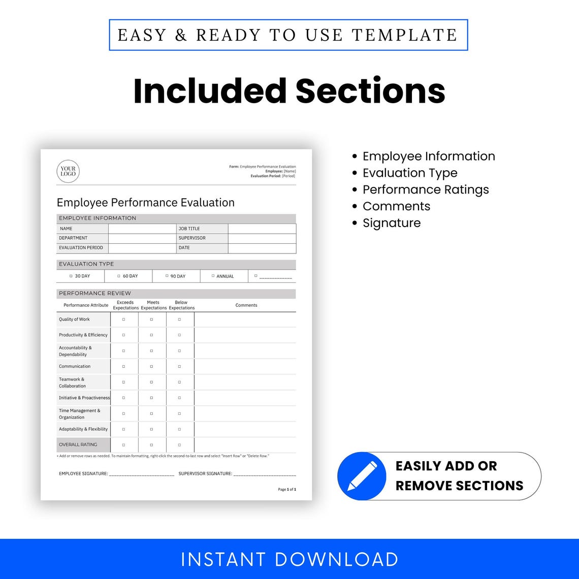 Employee Performance Review Form (MS Word, PDF) | Simple HR Template ...