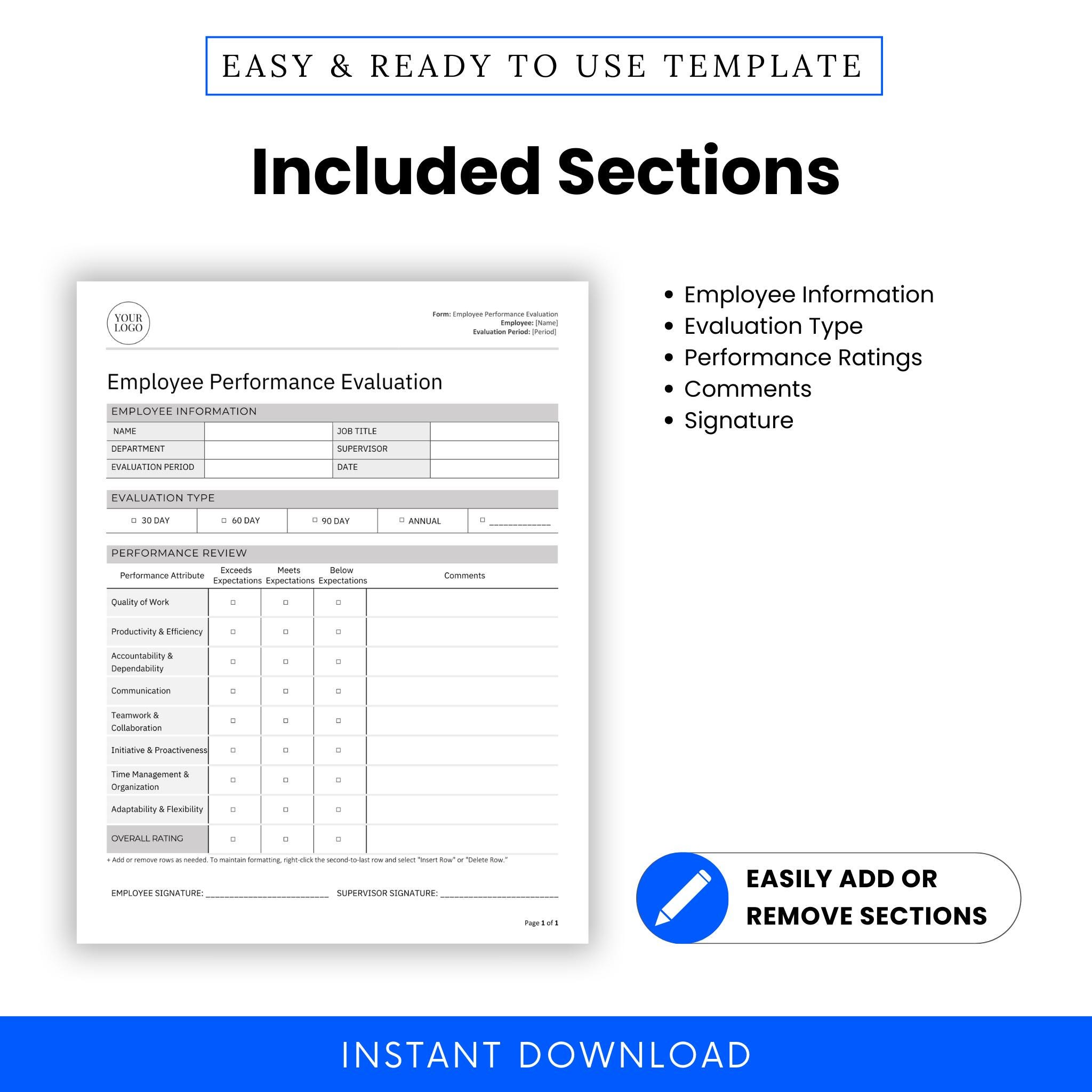 Employee Performance Review Form (MS Word, PDF) | Simple HR Template ...