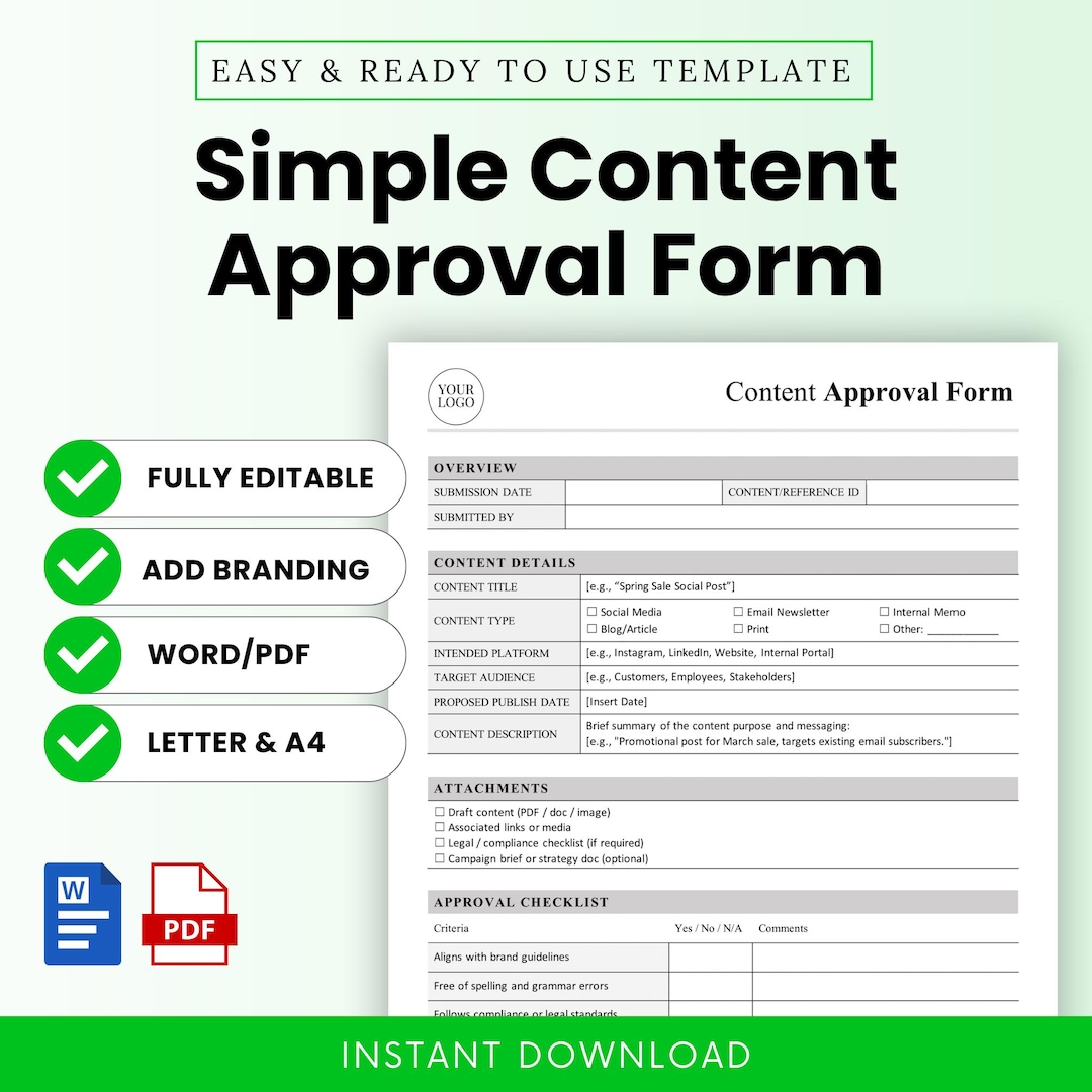Simple Content Approval Form Template – Word & PDF, A4 + US Letter - Etsy