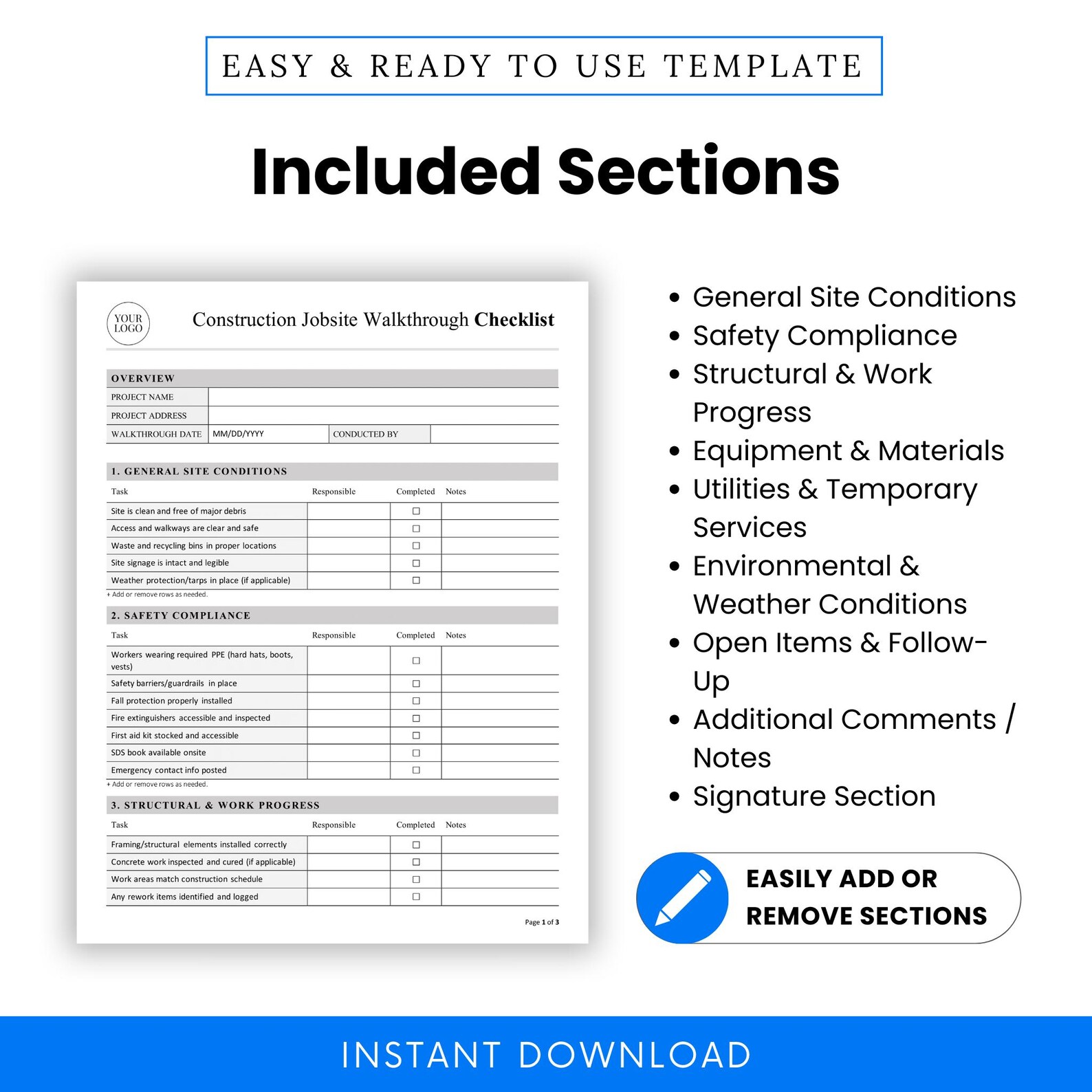 Construction Jobsite Walkthrough Checklist Template – Word & PDF, A4 ...