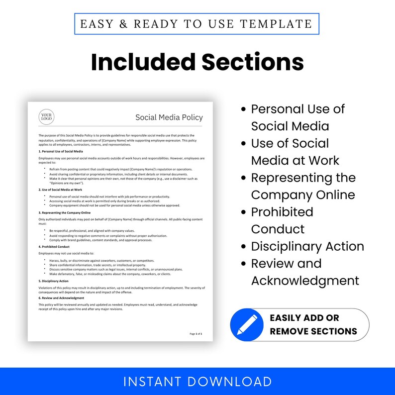 Employee Social Media Policy Template (word, PDF) | Simple Human Resources HR Template, Small ...