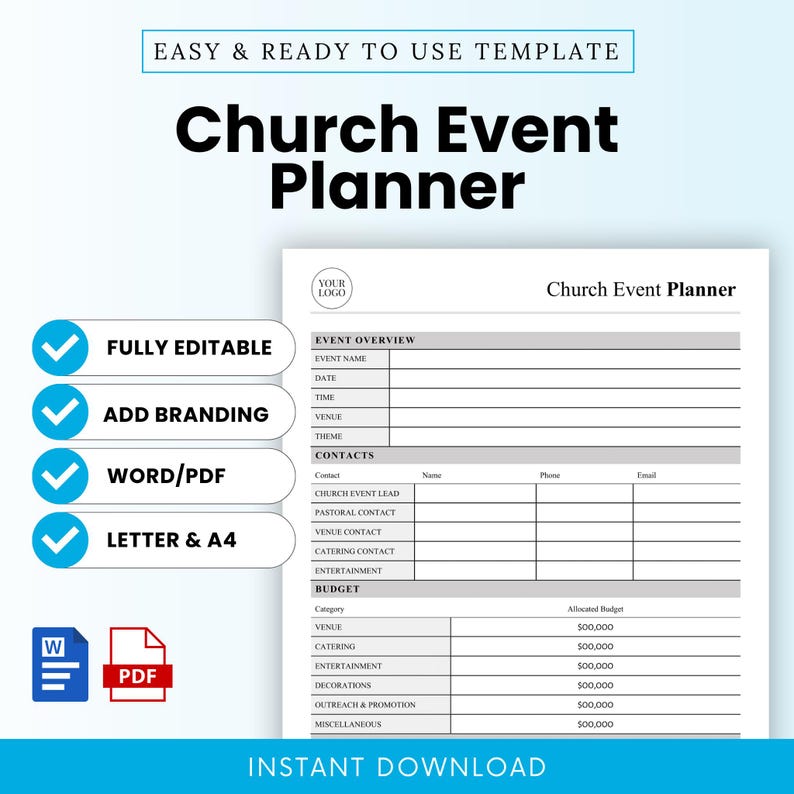 Church Event Planner Template – Word & PDF, A4 + US Letter - Etsy