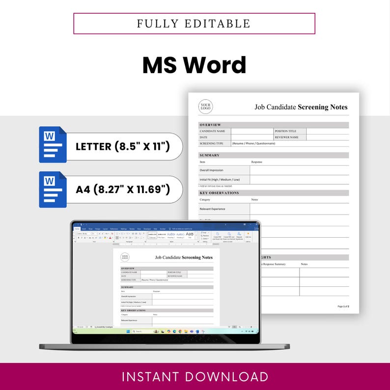 Job Candidate Screening Notes Template – Word & PDF, A4 + US Letter - Etsy