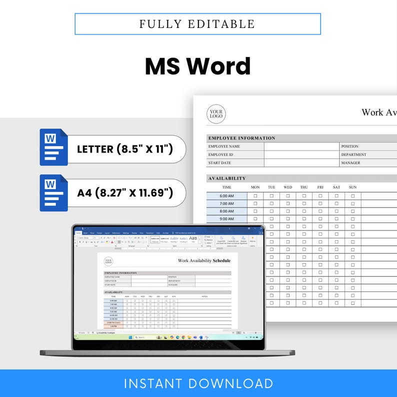 Employee Availability Schedule Template (word, PDF) | Work Availability ...