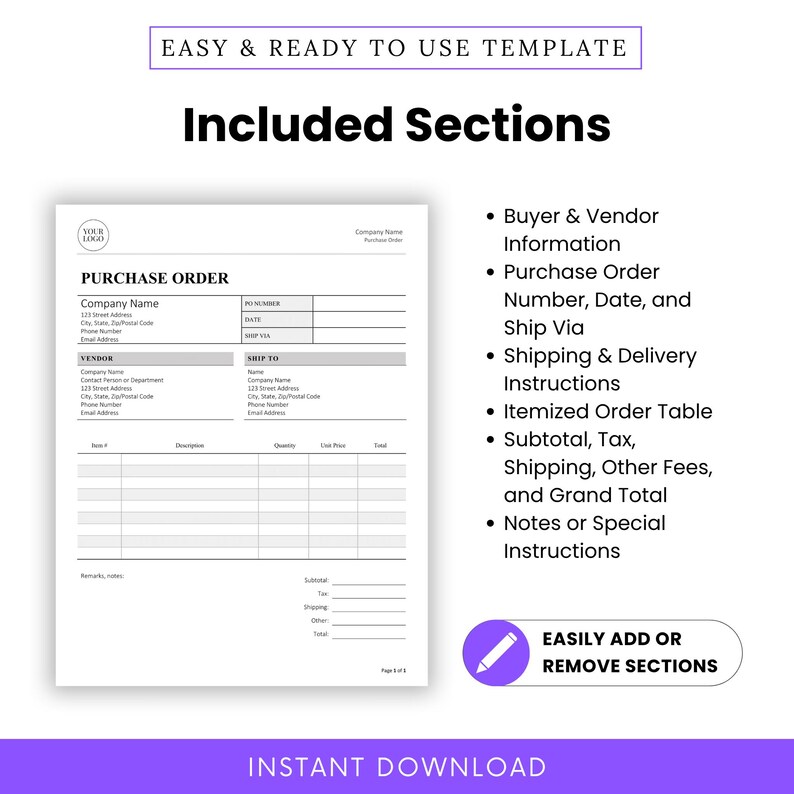 Purchase Order Template (word, PDF) | Printable, Editable, Business ...