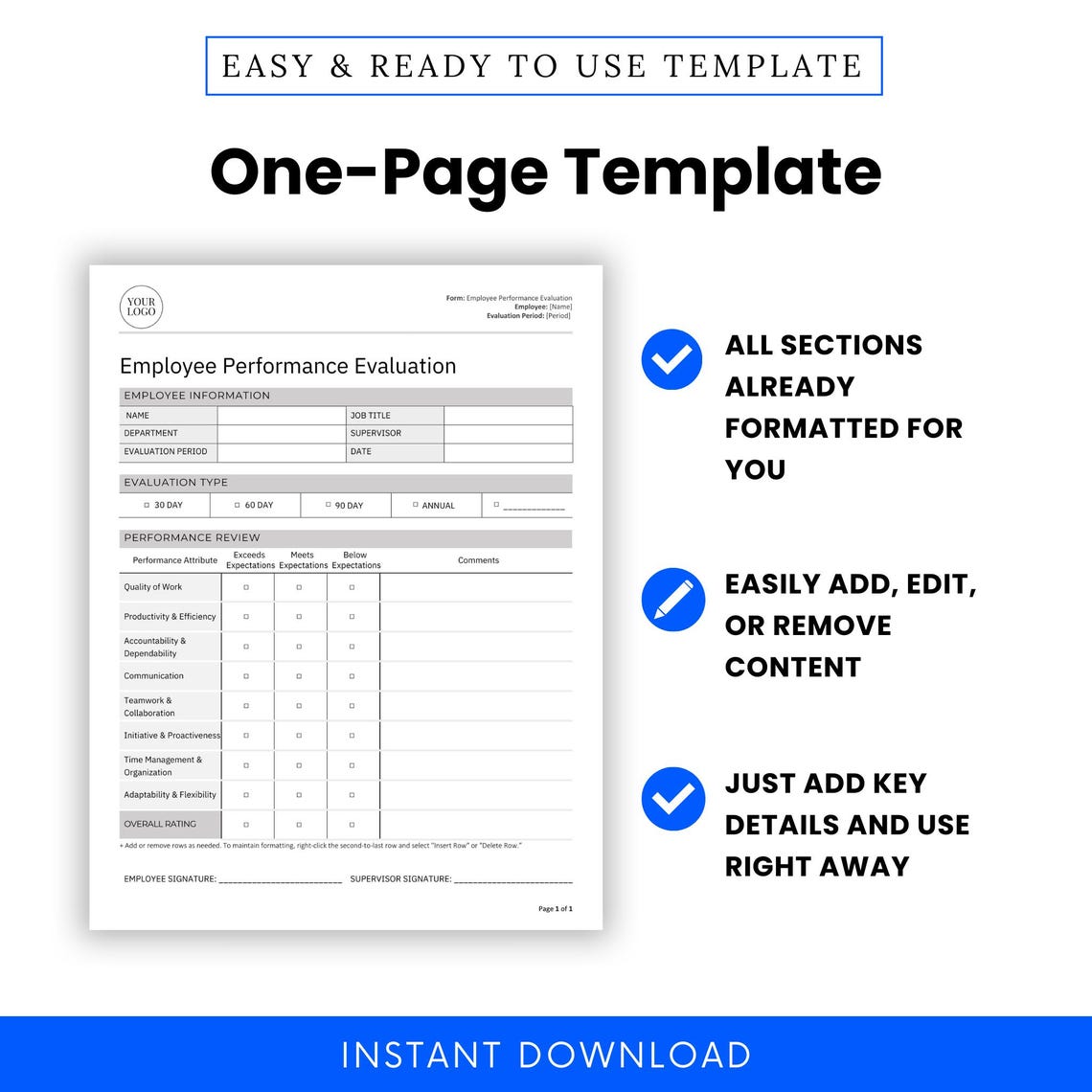 Employee Performance Review Form (MS Word, PDF) | Simple HR Template ...