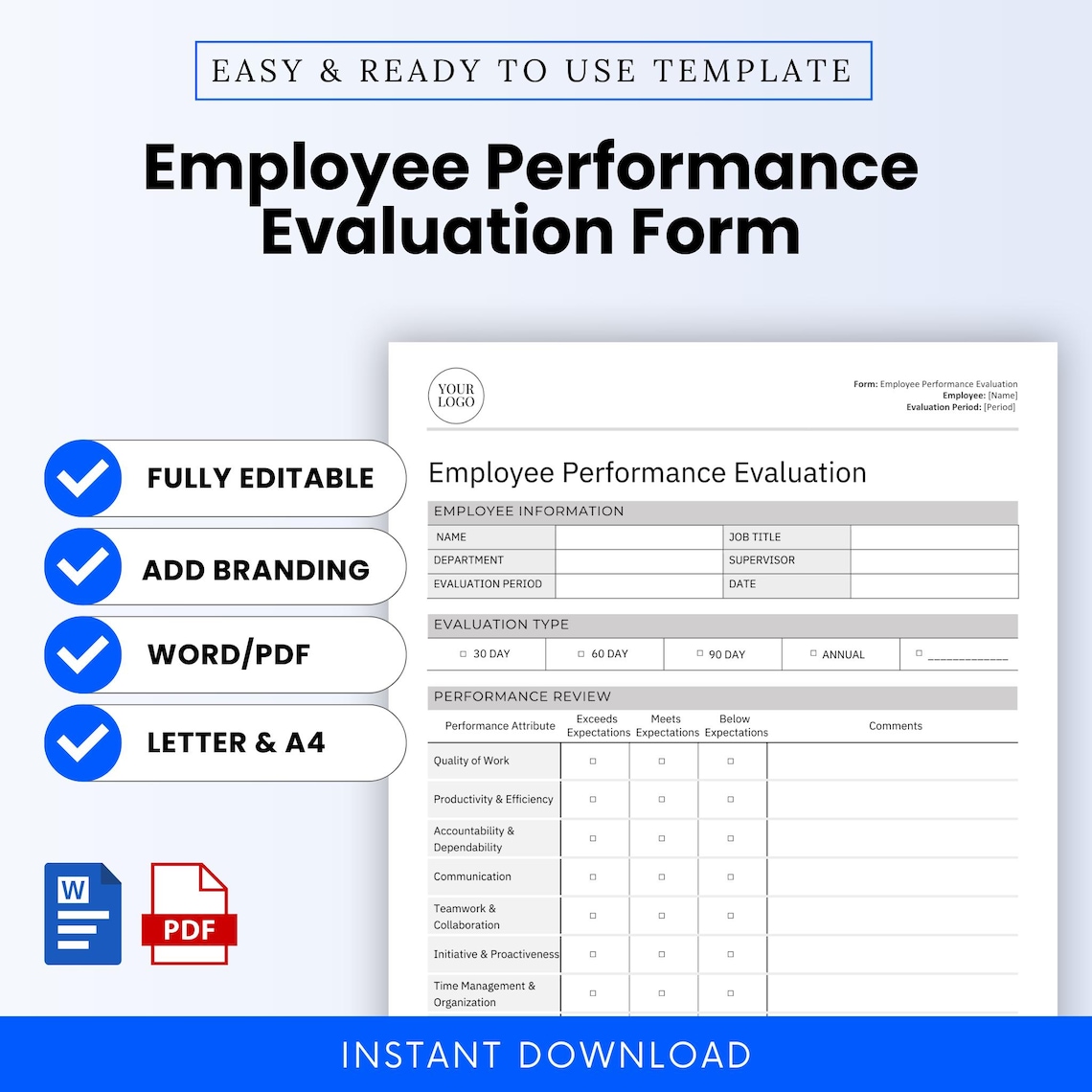 Employee Performance Review Form (MS Word, PDF) | Simple HR Template ...