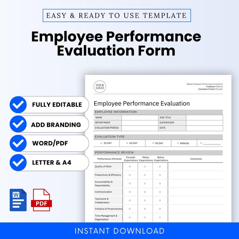 Employee Performance Review Form (MS Word, PDF) | Simple HR Template ...