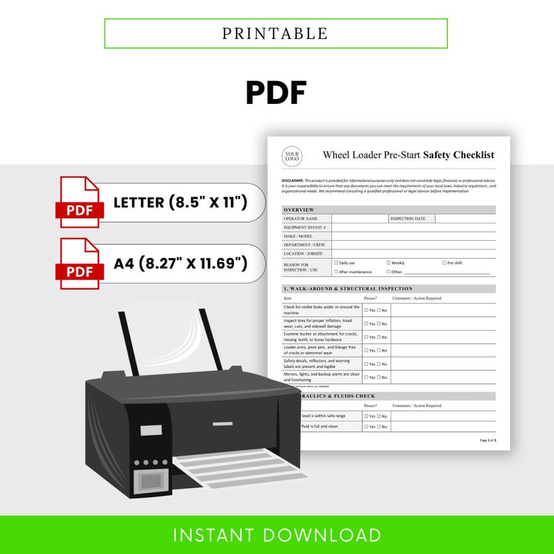 Wheel Loader Pre-start Safety Checklist Template – Word & PDF, A4 + US ...
