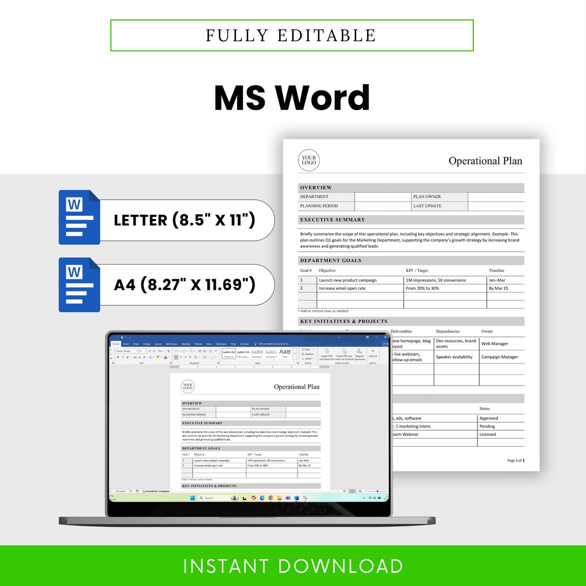 Simple Operational Plan Template (word, PDF) | Department Goal Setting ...