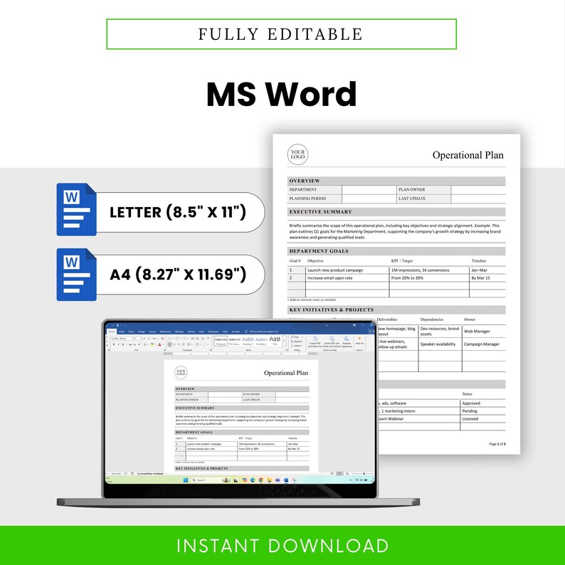 Simple Operational Plan Template (word, PDF) | Department Goal Setting ...