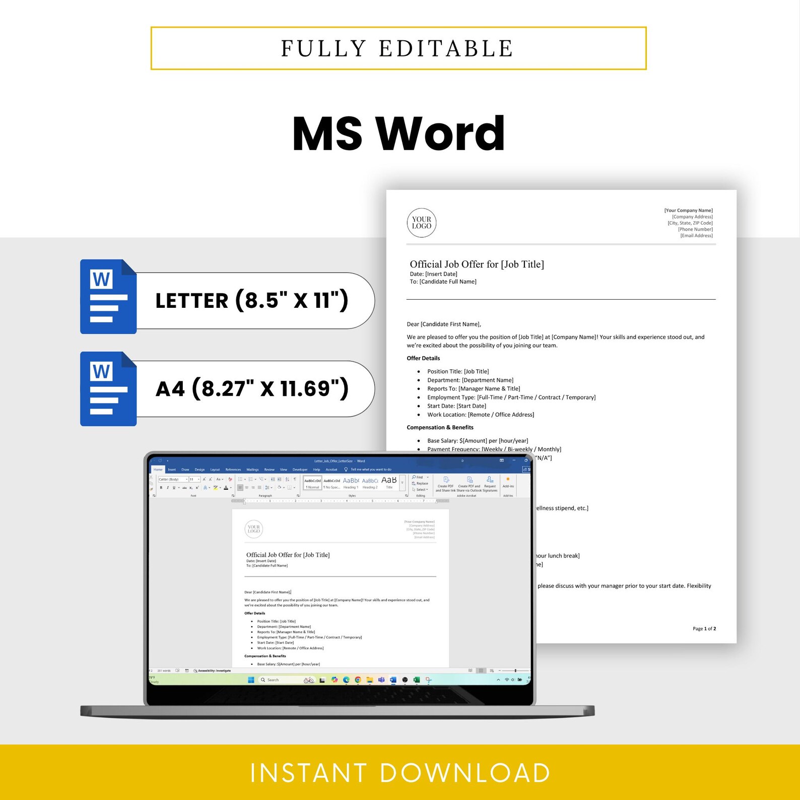 Job Offer Letter (MS Word, PDF) | Job Offer Template, Editable Offer ...