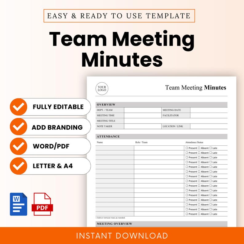 Team Meeting Minutes Template – Word & PDF, A4 + US Letter - Etsy