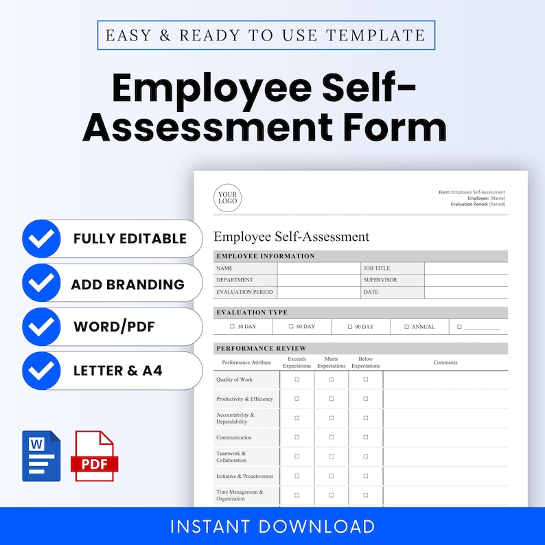 Employee Self-assessment Form (MS Word, PDF) | Simple HR Template Office, Performance Evaluation ...