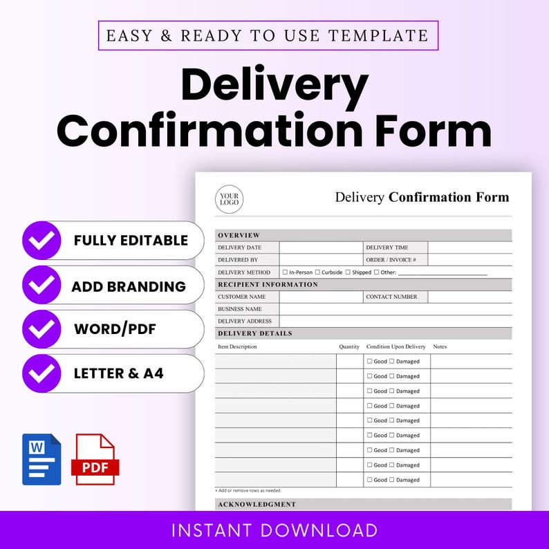 Delivery Confirmation Form Template – Word & PDF, A4 + US Letter - Etsy