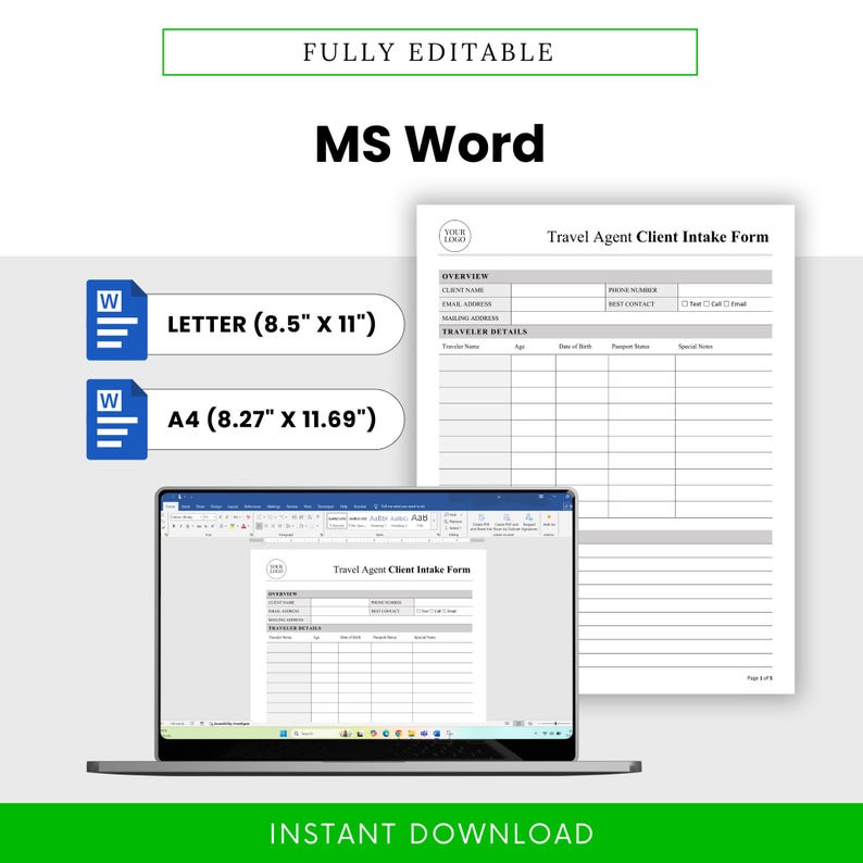 Travel Agent Client Intake Form Template – Word & PDF, A4 + US Letter ...