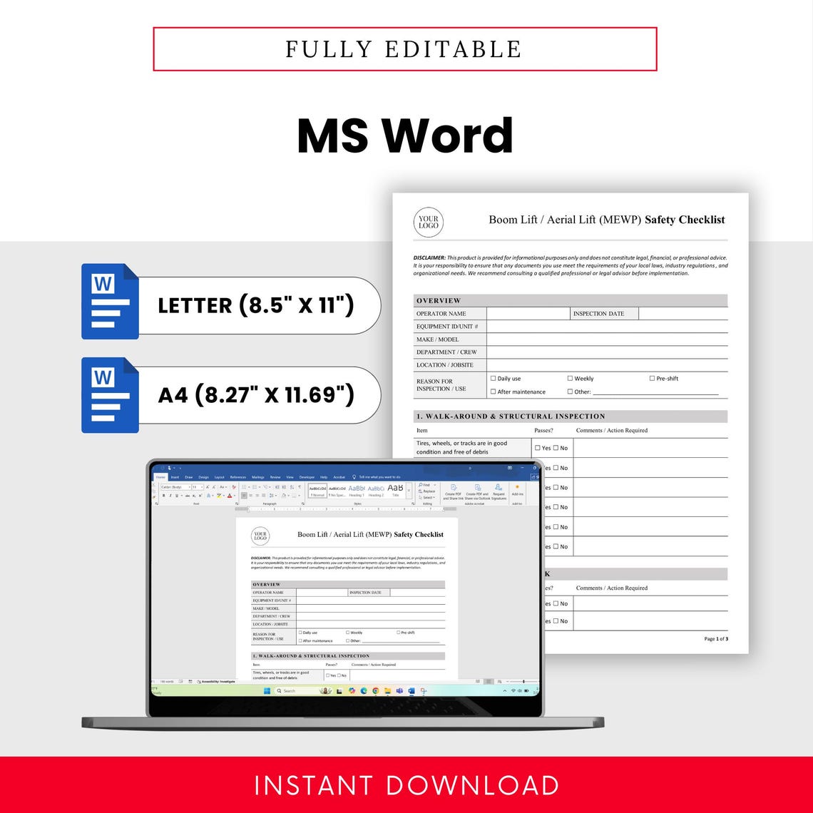 Boom Lift / Aerial Lift (MEWP) Safety Checklist Template – Word & PDF ...