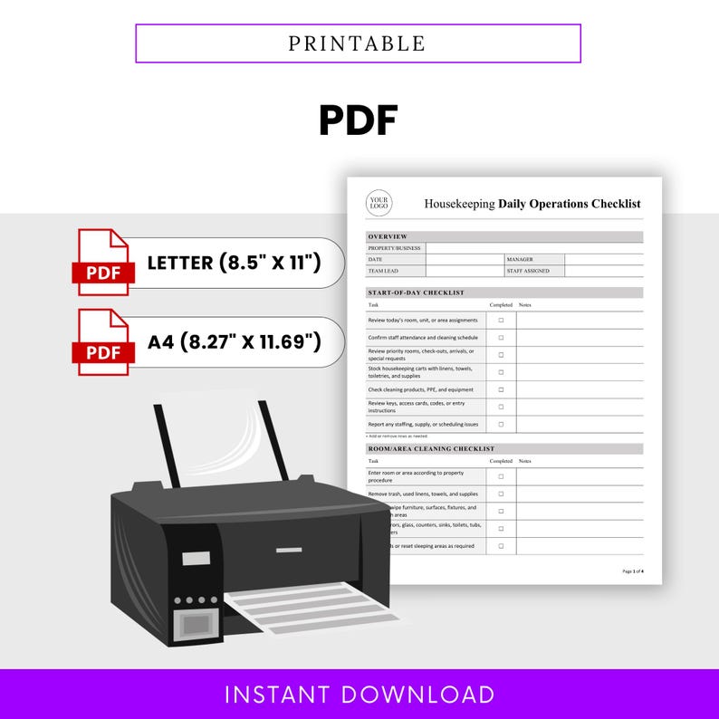 Housekeeping Daily Operations Checklist Template – Word & PDF, A4 + US ...