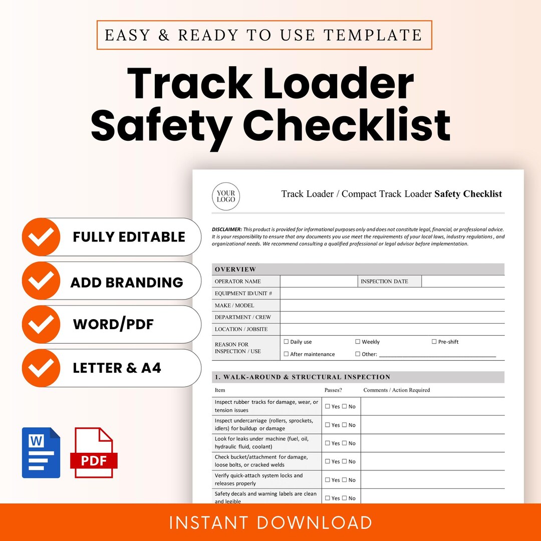 Track Loader Safety Checklist Template – Word & PDF, A4 + US Letter - Etsy