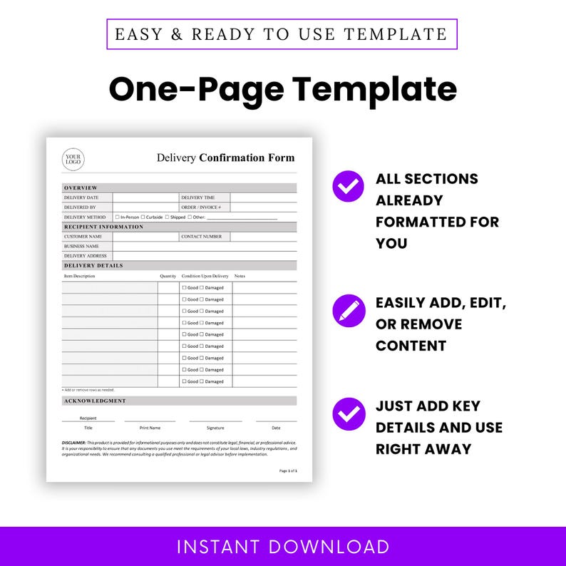 Delivery Confirmation Form Template – Word & PDF, A4 + US Letter - Etsy