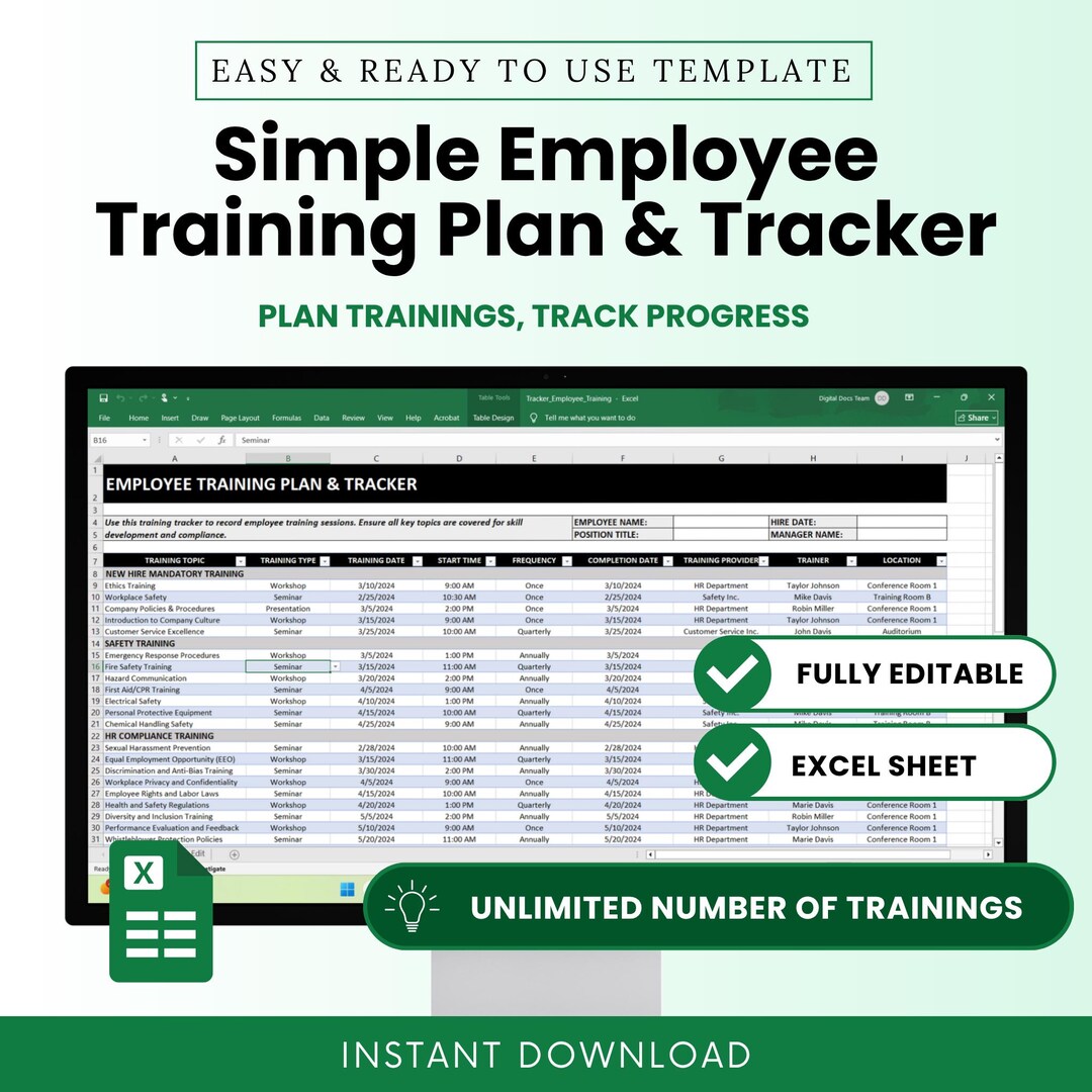 Simple Employee Training Plan & Tracker Template (MS Excel, Google ...